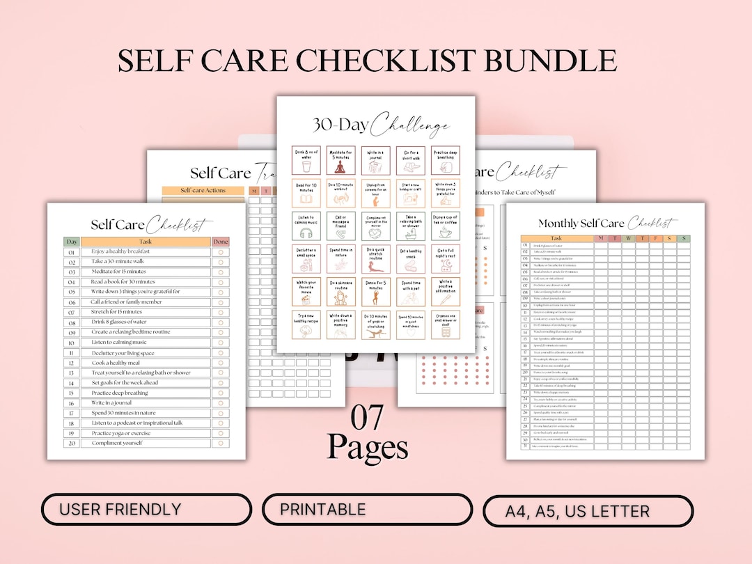 Self Care Checklist Bundle | 7 Pages Wellness Planner | 30 Day ...