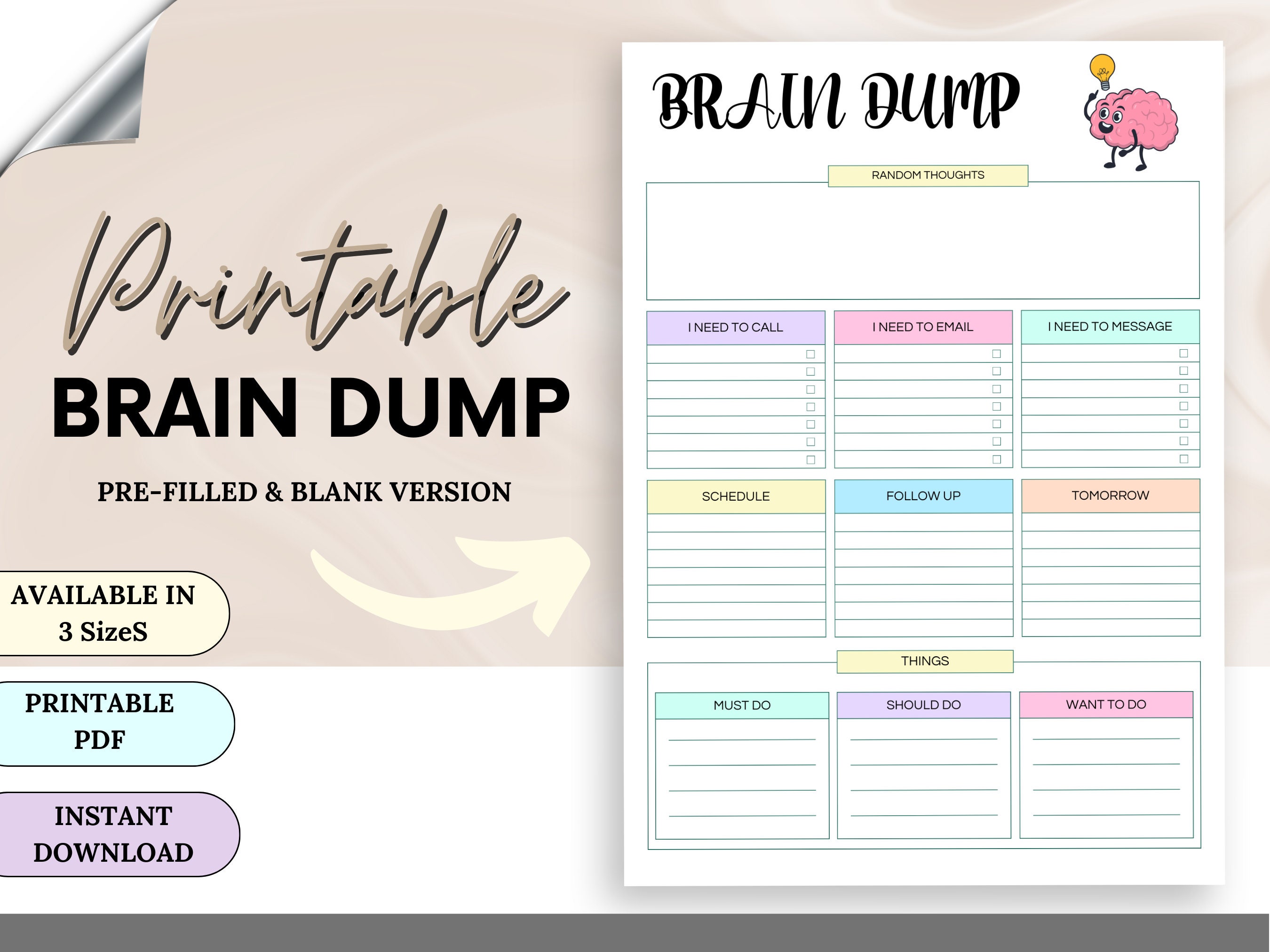 Printable Brain Dump Journal, Thought Organizer (PDF) - Etsy