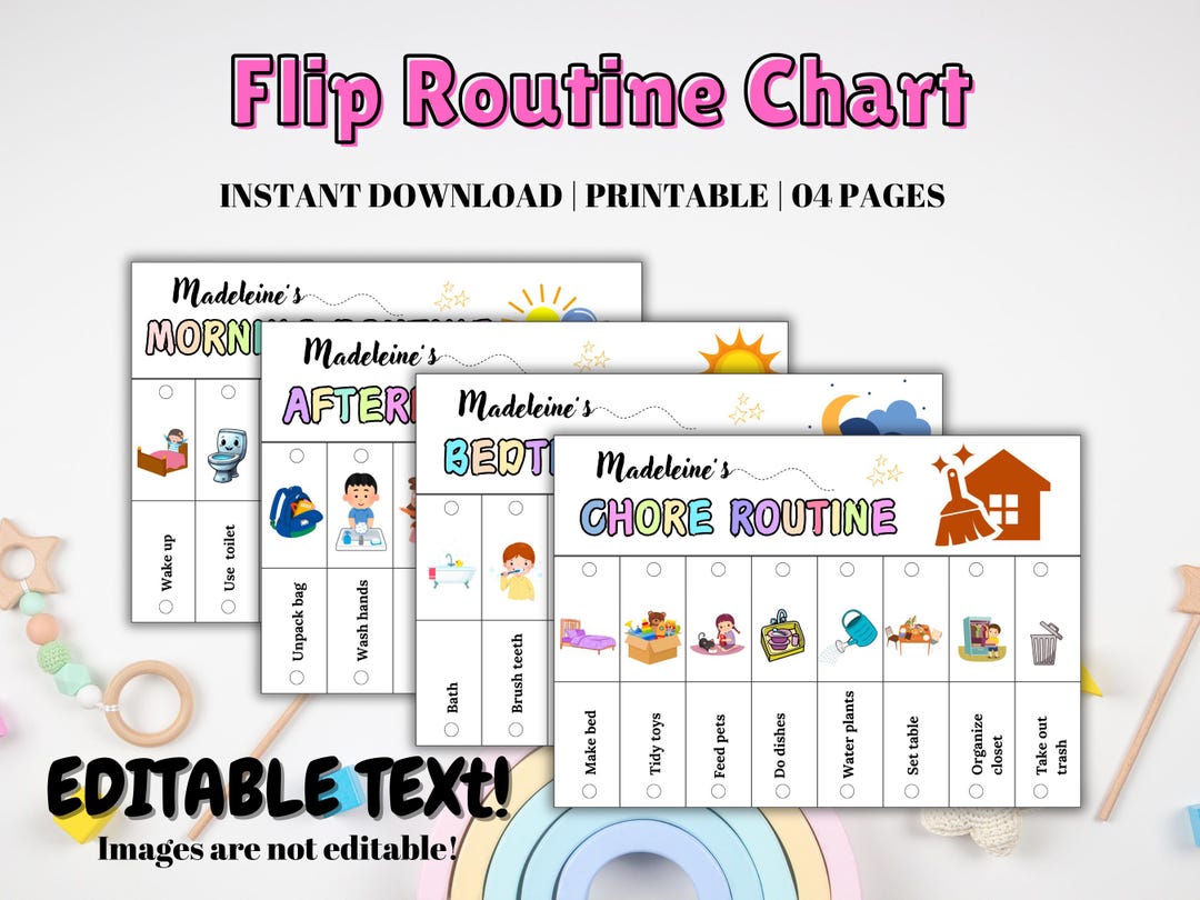 Kids Flip Routine Chart Editable Printable, Morning & Evening Routine ...