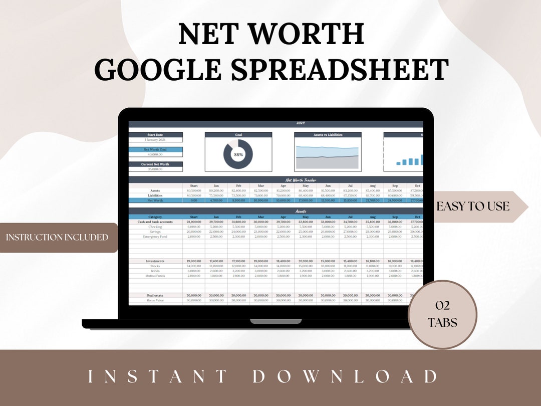 Net Worth Tracker Spreadsheet for Google Sheets, Net Worth Dashboard ...