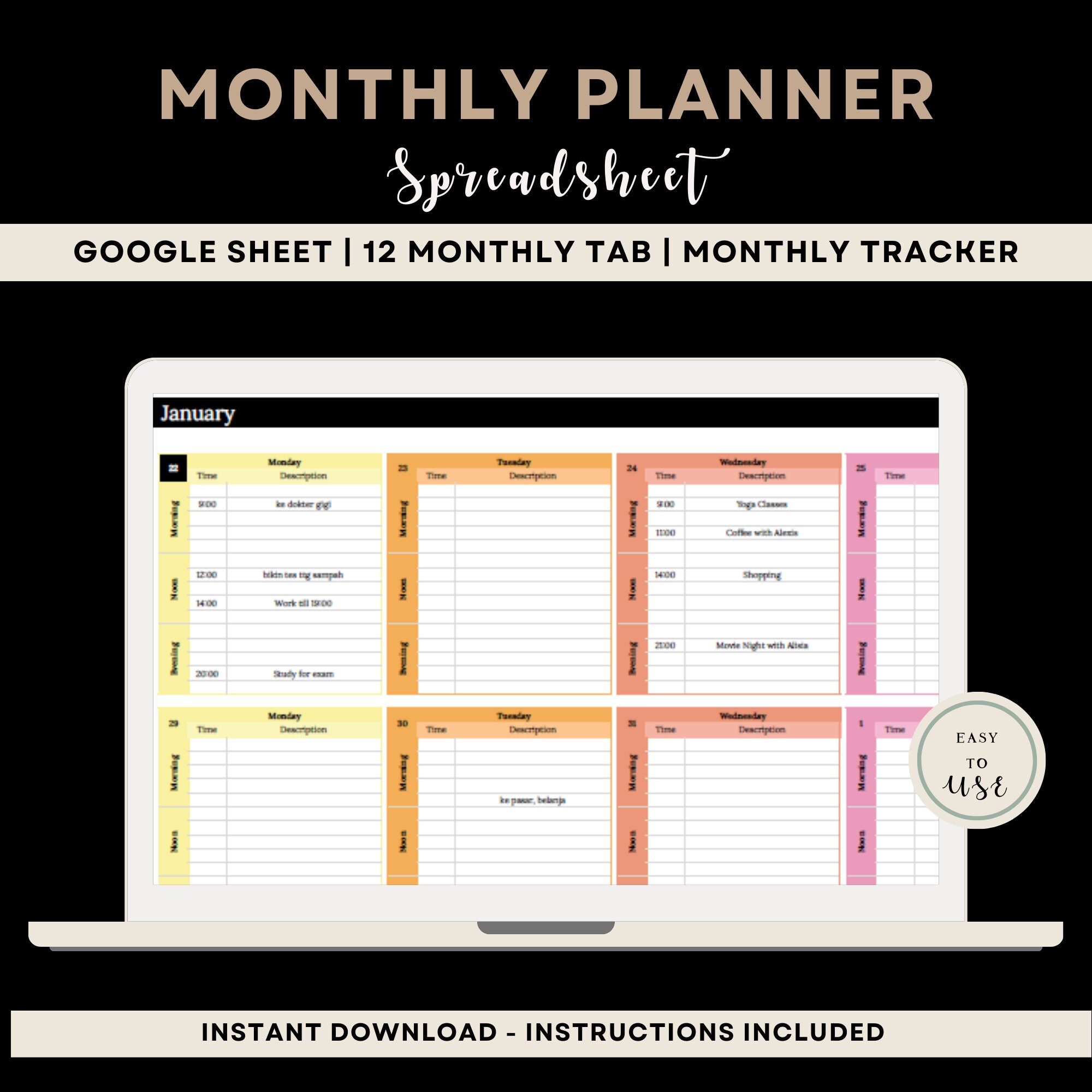 Digital Planner Spreadsheet for Google Sheets, to Do List, Monthly ...