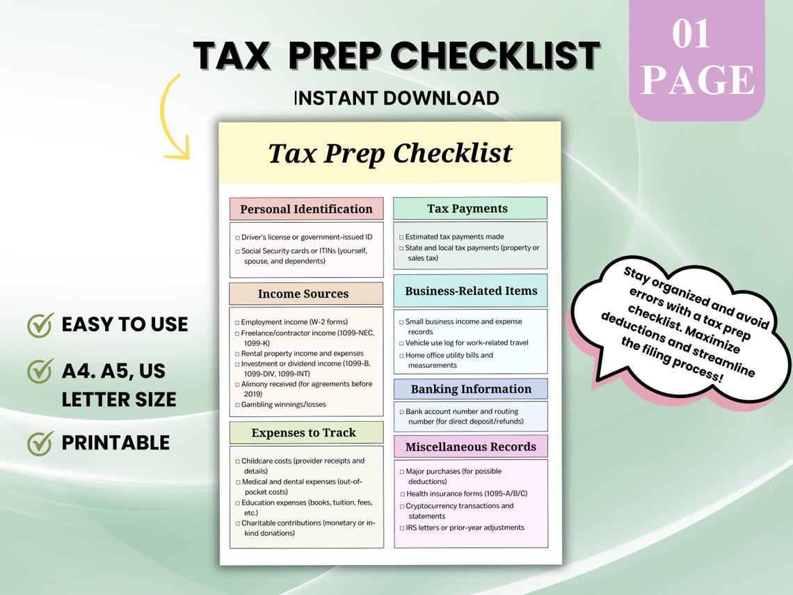 Tax Return Checklist,tax Prep,tax Deductions,tax Prep Checklist,tax Log ...