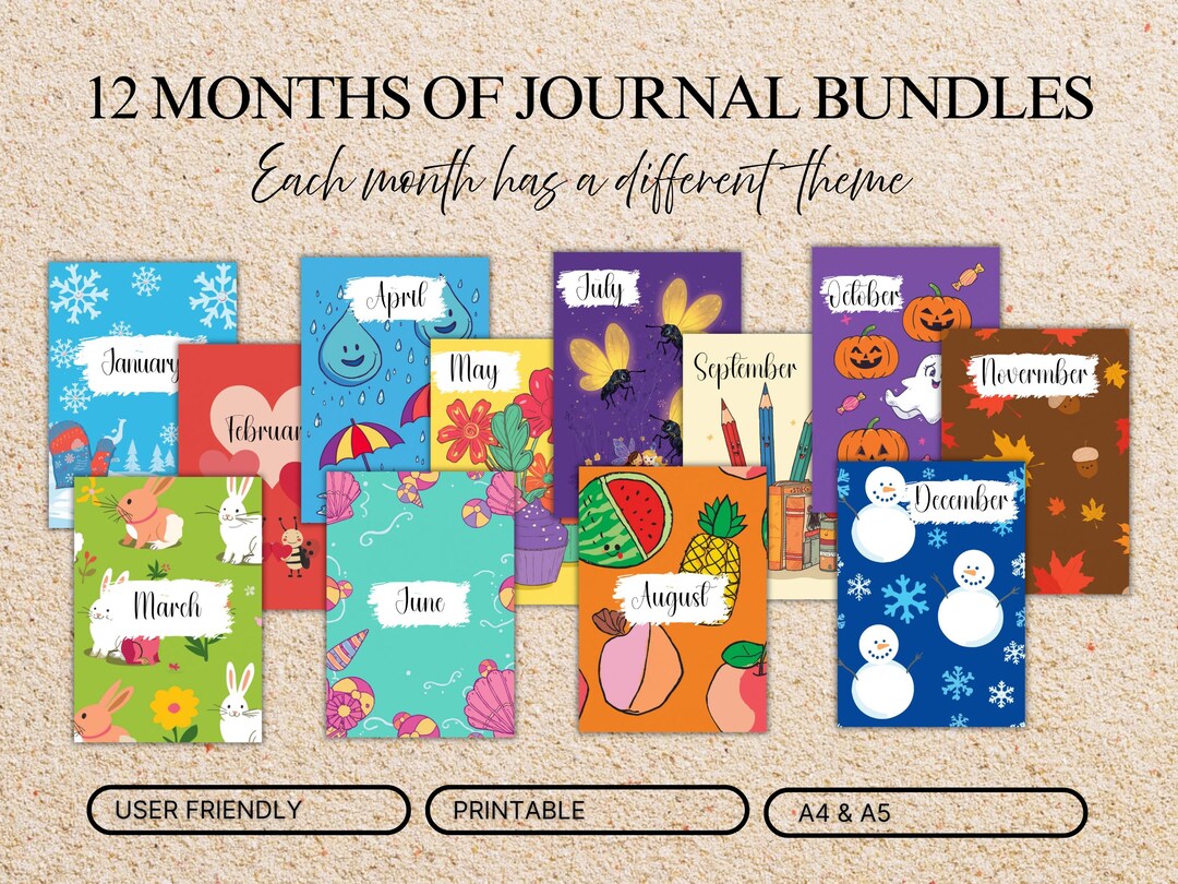 12 Months Journal Bundle Printable, Monthly Themed Journal Covers, A4 ...