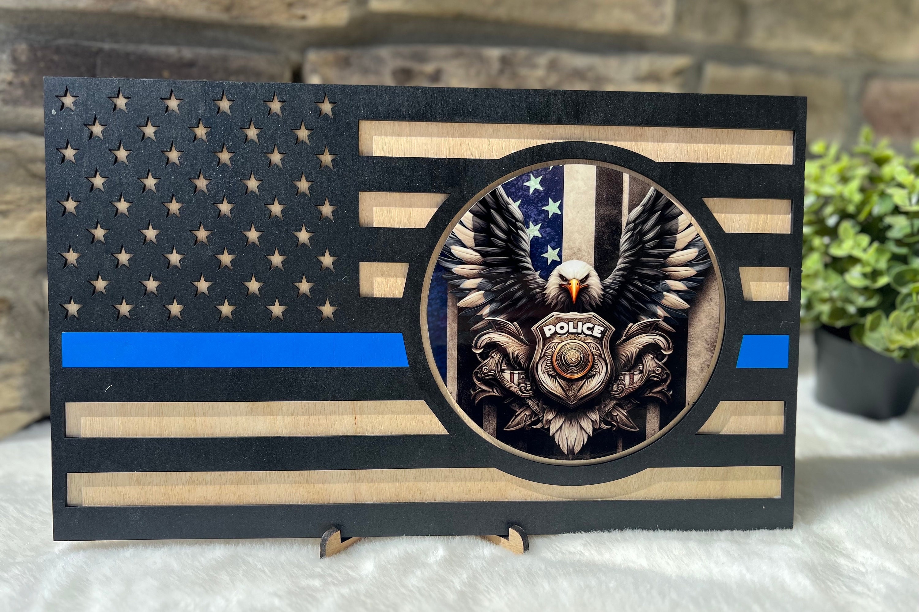 Custom Engraved Police Flag, Wooden Flag, Thin Blue Line Office Decor ...