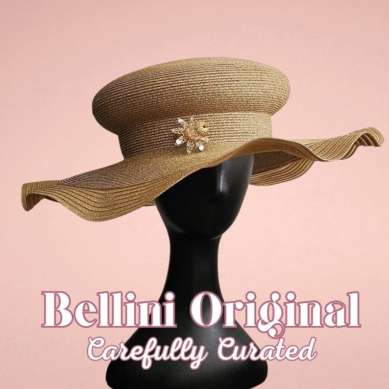 Bellini Gold Church Hat – Wavy Brim, Crystal Hat Pin - Etsy