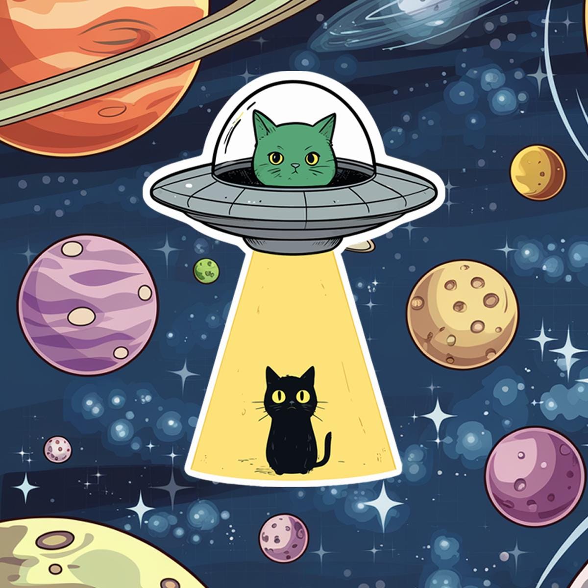 Cat Alien Sticker | Blackcat Cat Sticker | Cute Cat in UFO Vinyl Decal ...