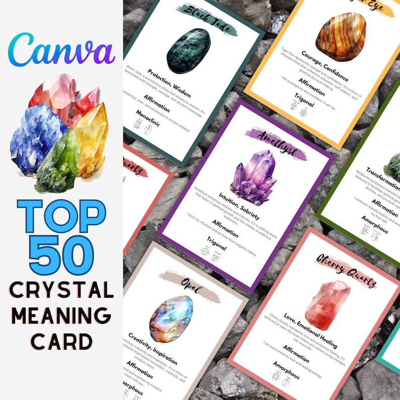 50 Editable Watercolor Crystal Meaning Cards, Printable Gemstone ...