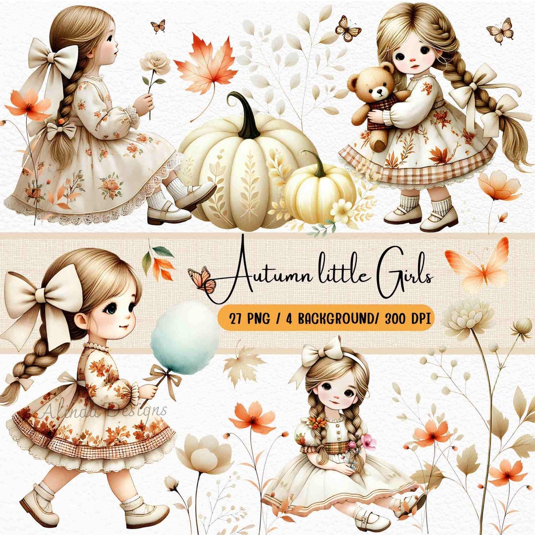 Autumn Little Girls Clipart, Fall Kids Clip Art for Crafts, Invitations ...