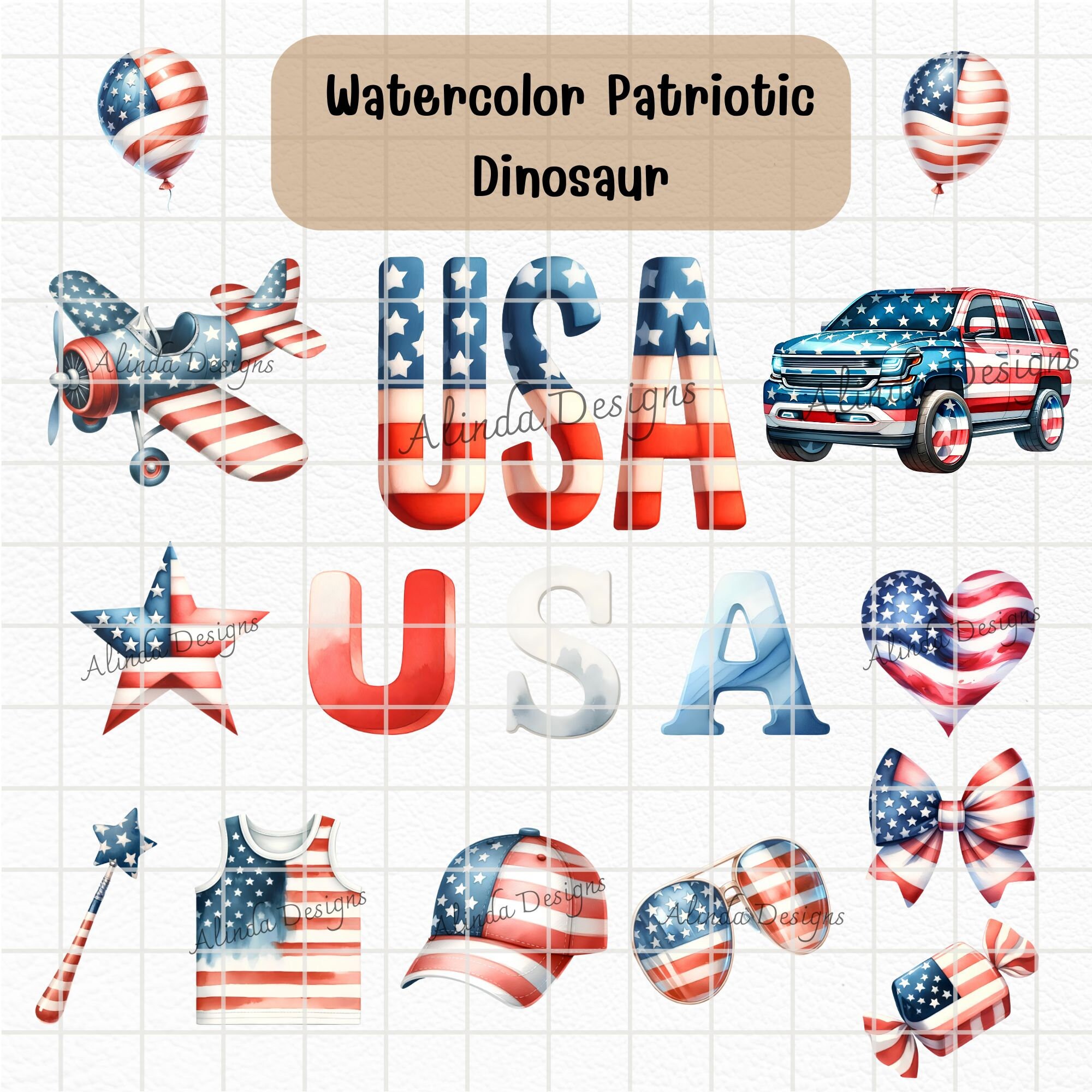 Watercolor Patriotic Dinosaur Clipart: 4th of July USA Dino Art ...