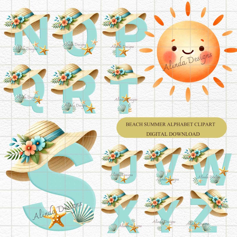 Beach Summer Alphabet Clipart: Tropical Letters With Hats PNG Digital ...