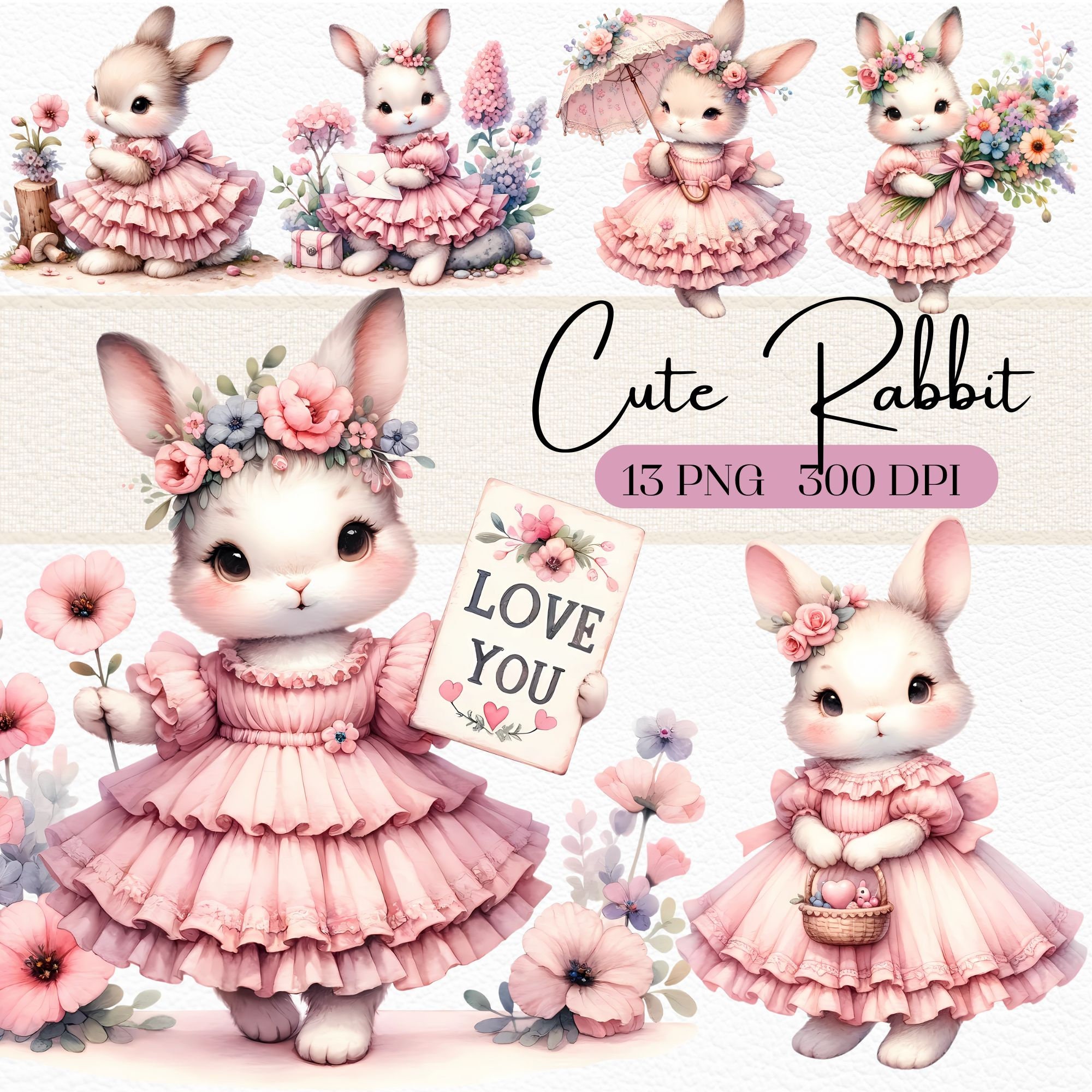 Cute Rabbit Clipart Bundle, Watercolor Bunny Illustrations, Digital ...