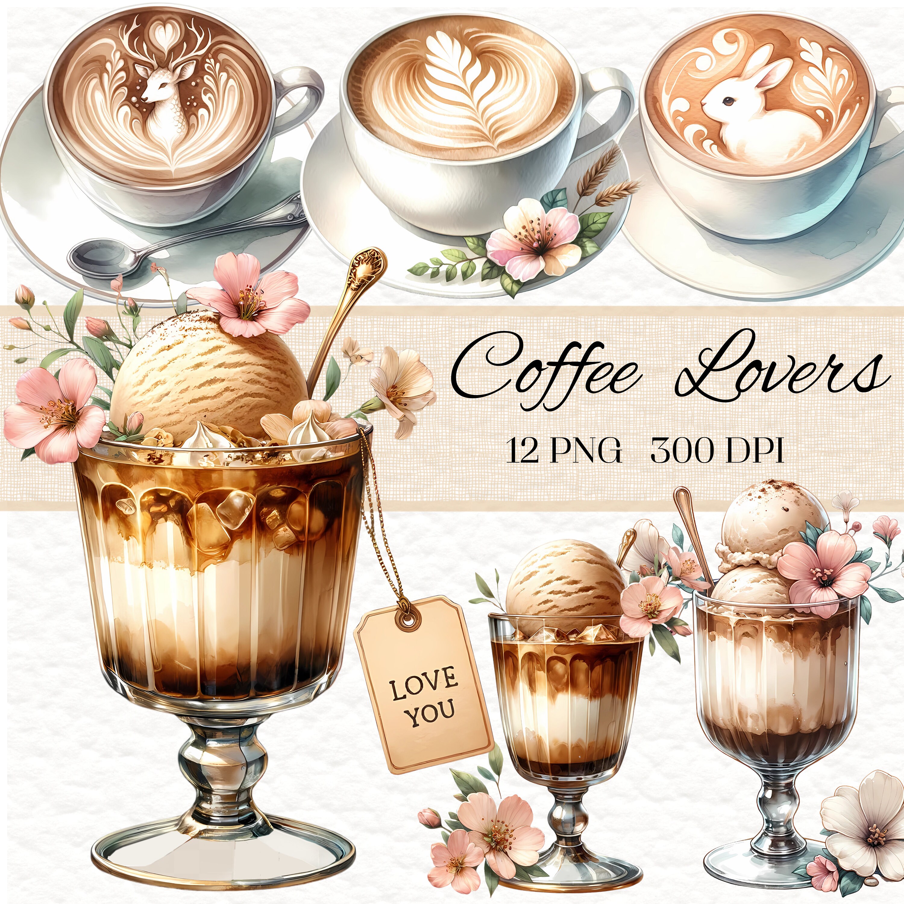 Watercolor Coffee Love Clipart, Coffee Mugs, Hearts and Beans, Instant ...