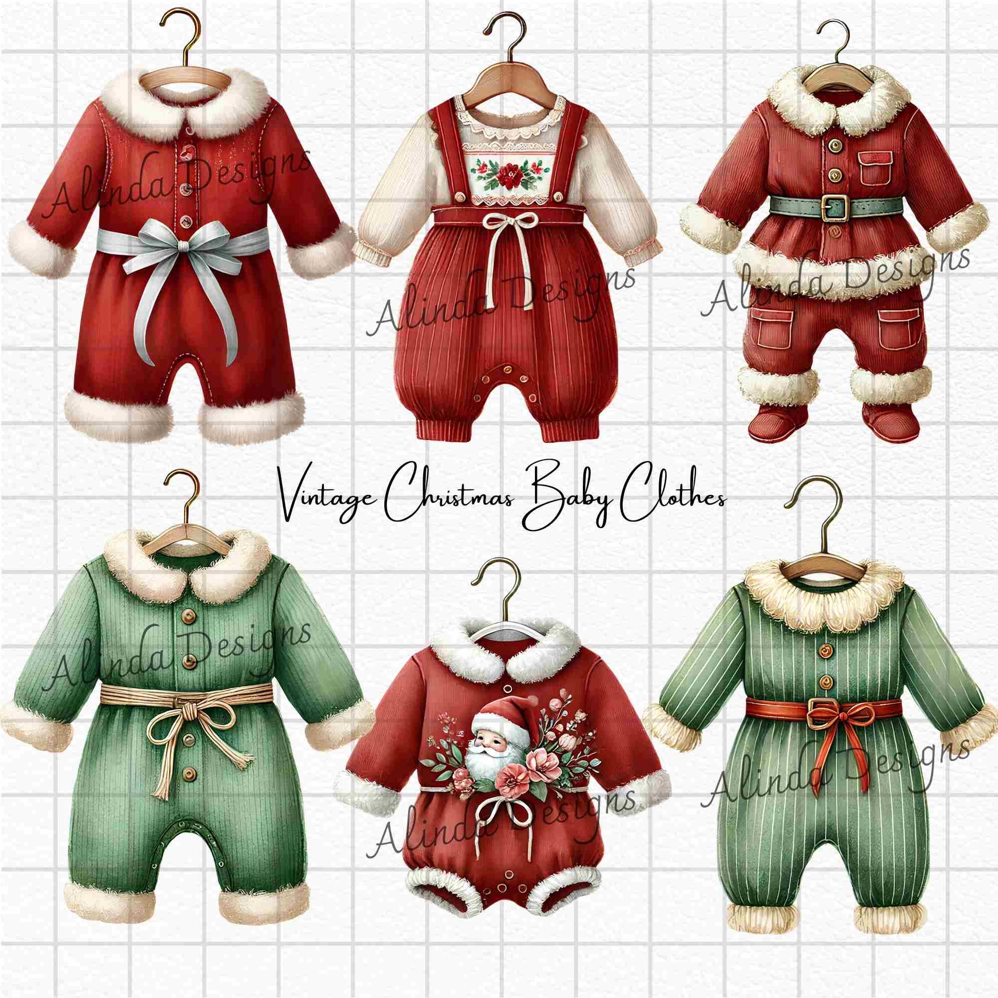 Vintage Christmas Baby Clothes Clipart: Retro Holiday Outfits (digital ...