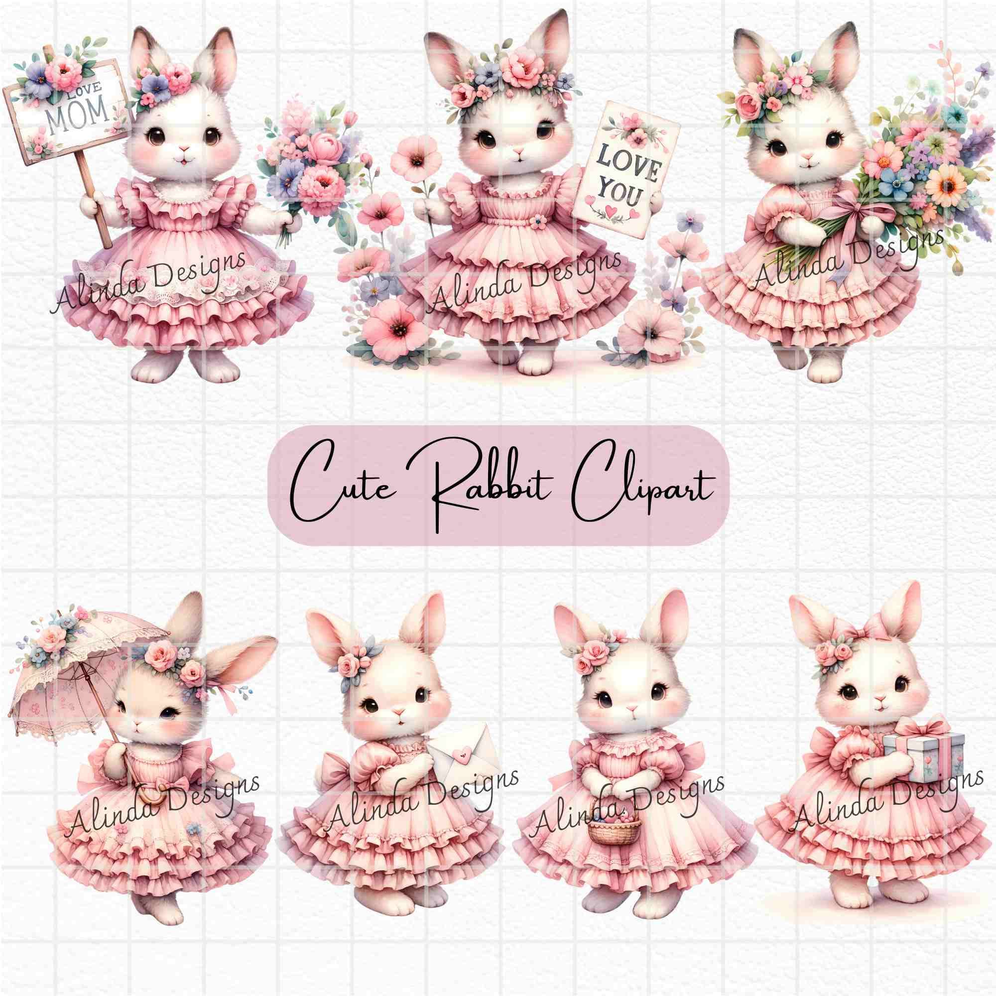 Bunnies Clipart, Spring Clipart Set, Easter Clipart Retro, Cute Bunny ...