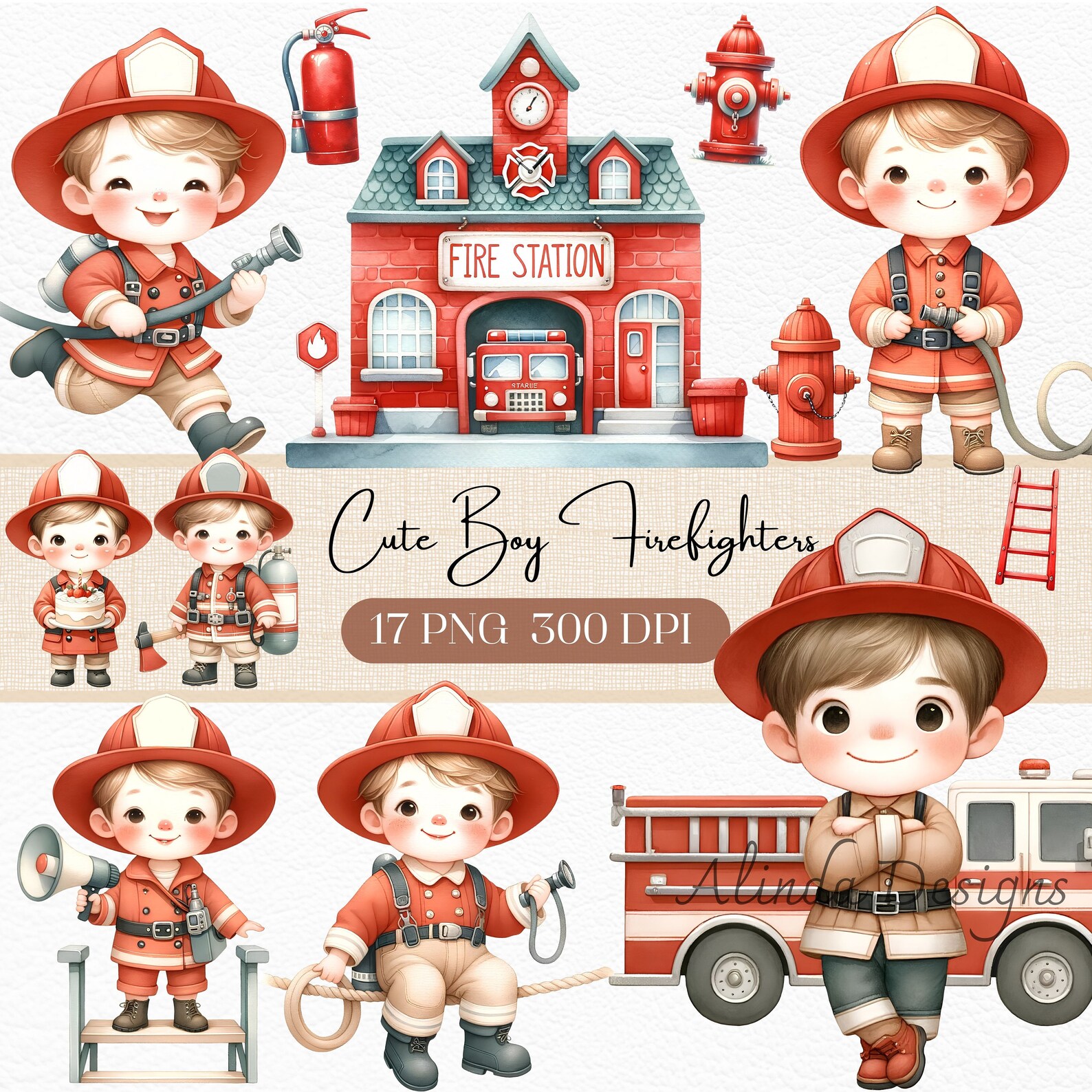 Cute Boy Firefighter Clipart, Watercolor Fireman Digital Download for ...