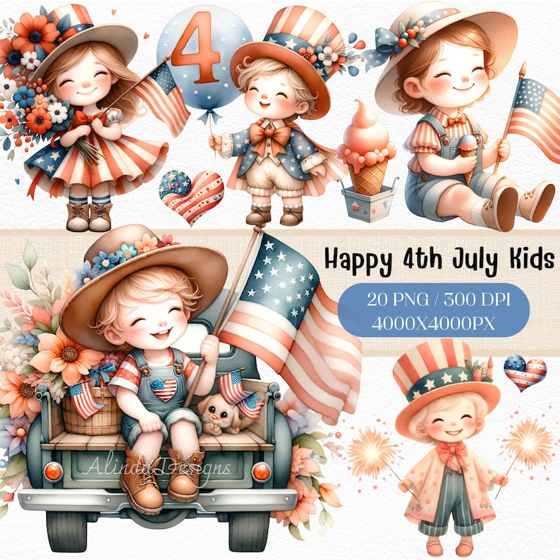 Happy 4th of July Kid Clipart, Patriotic Digital Download, Independence ...