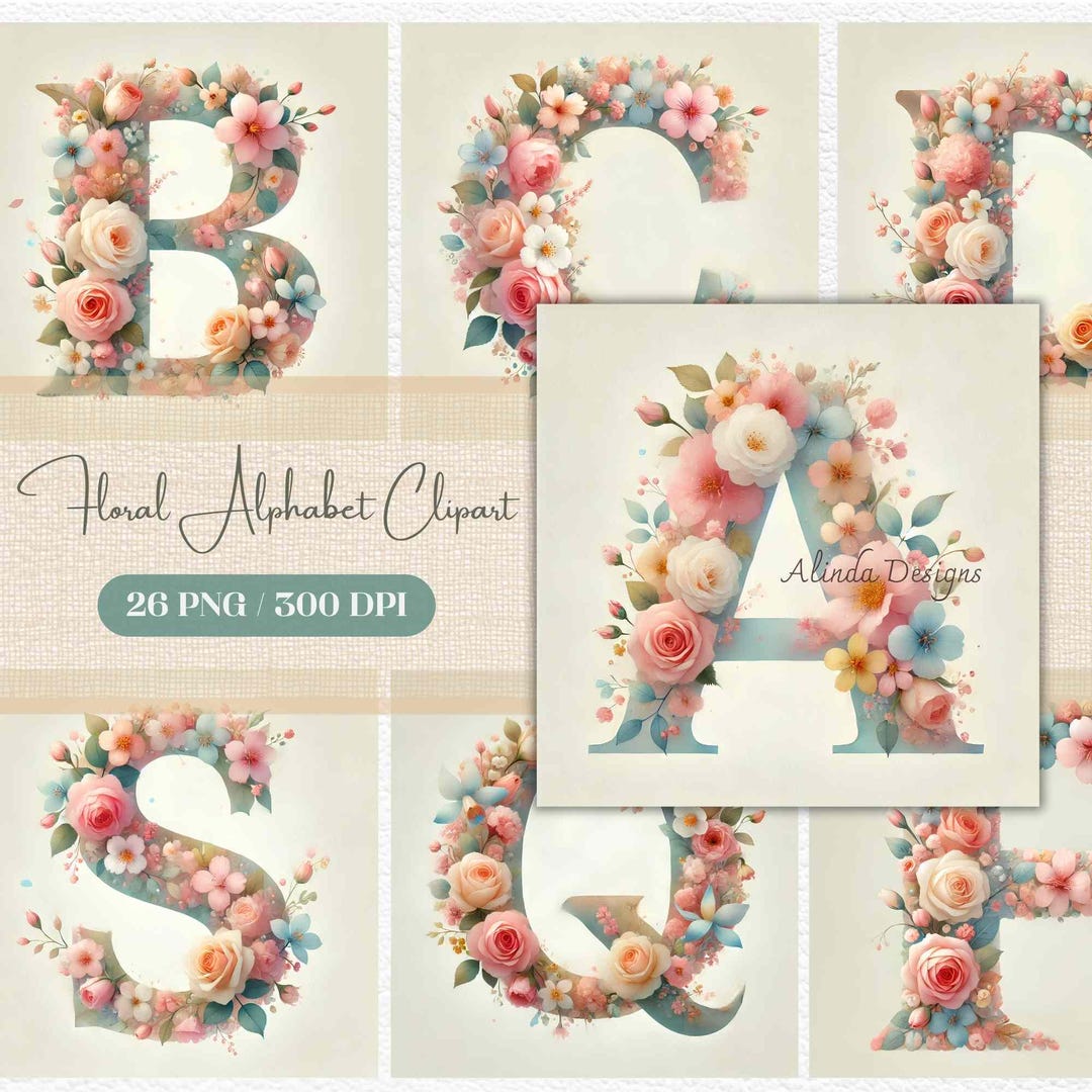 Watercolor Floral Alphabet Clipart: Flower Monogram PNG Digital ...