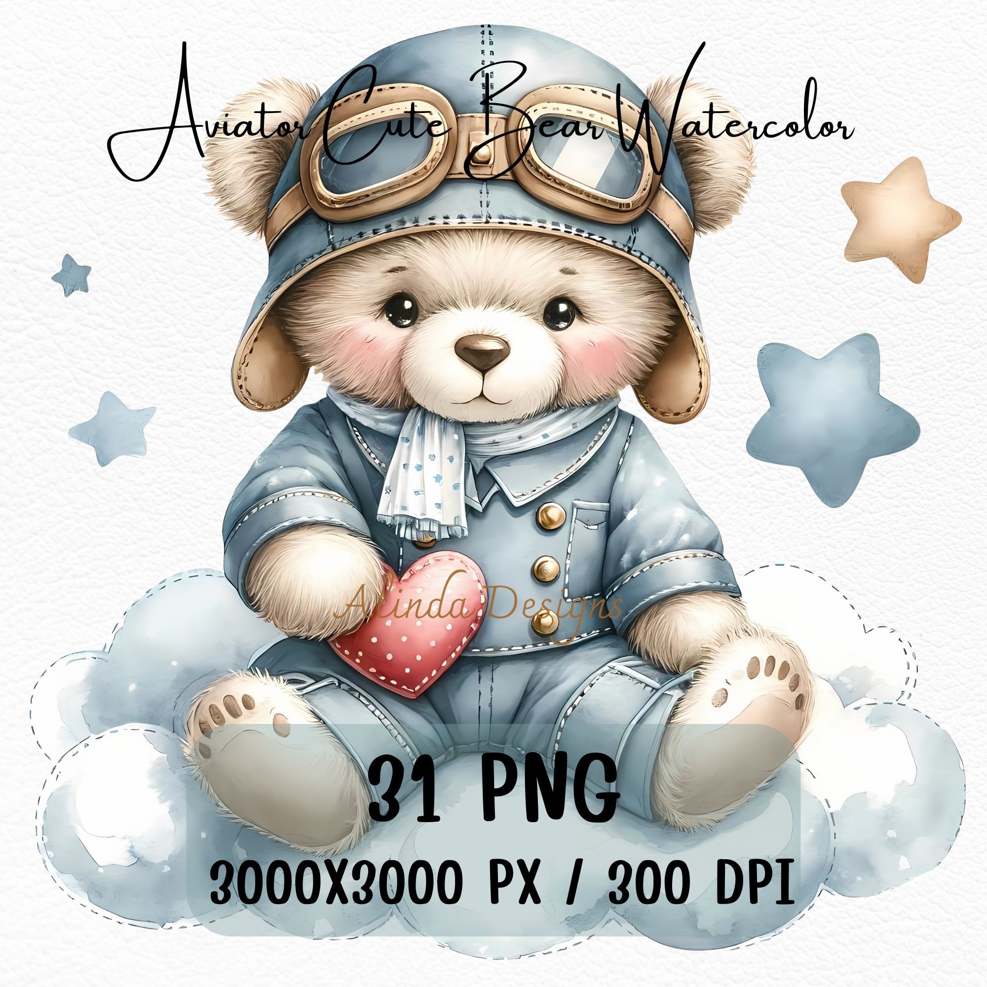 Aviator Bear Clipart, Cute Watercolor Bear Digital Download, Pilot ...