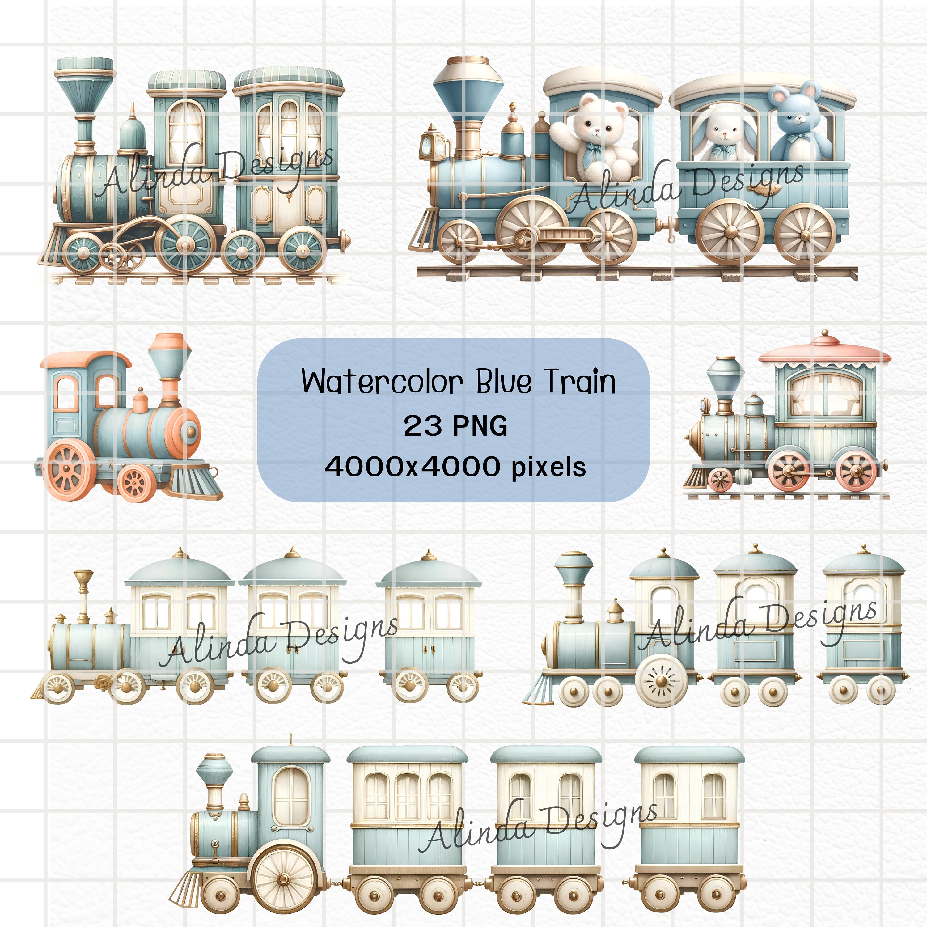 Watercolor Blue Train Clipart: Vintage Locomotive PNG (digital Download ...