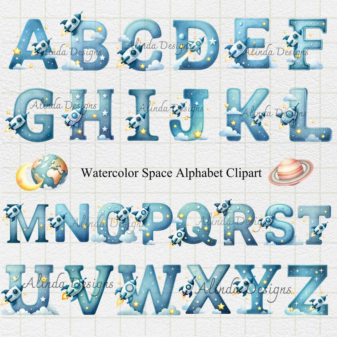 Watercolor Space Alphabet Clipart: Rocket Letters A-Z (PNG) - Etsy