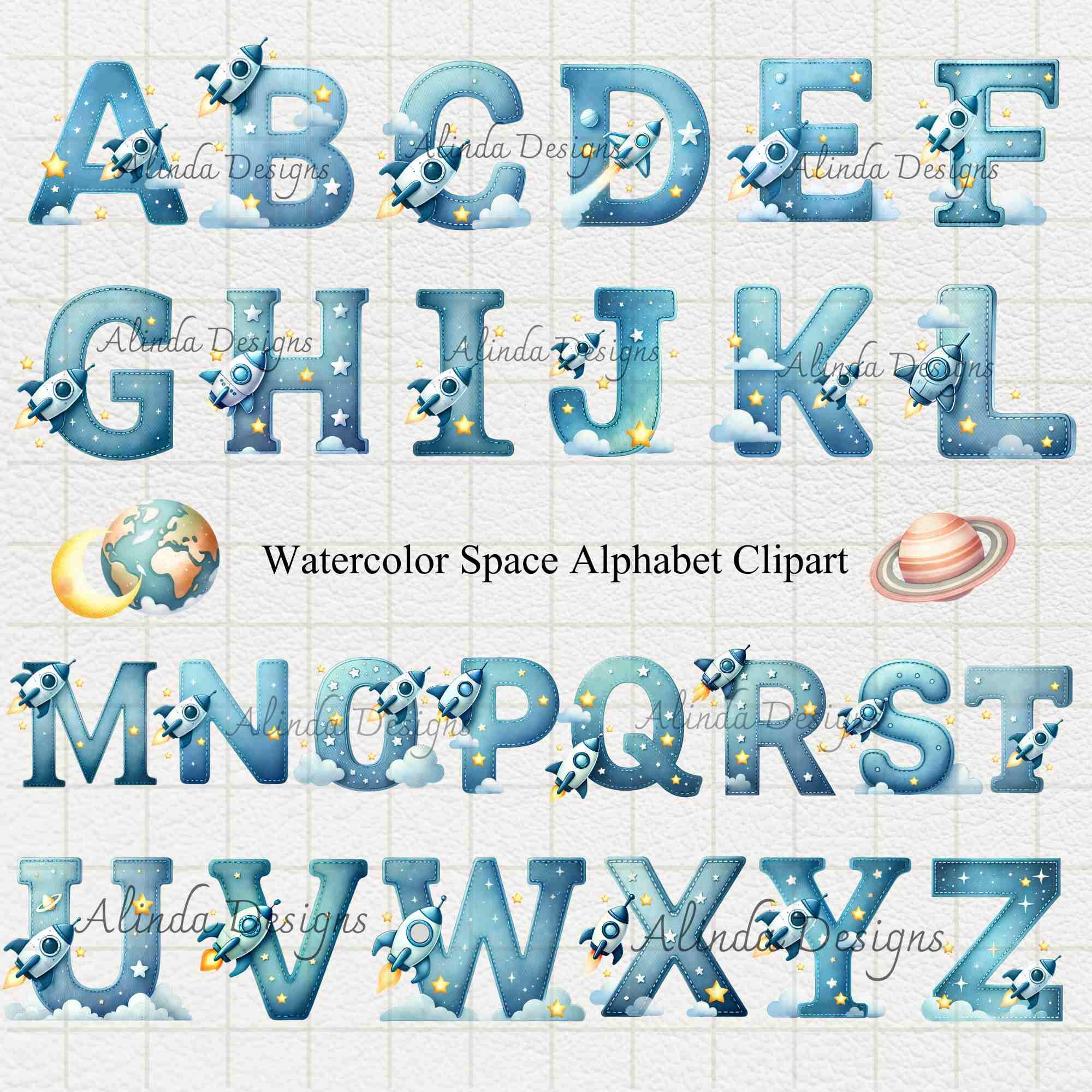 Watercolor Space Alphabet Clipart, Outer Space Letters A-Z, Kids Decor ...