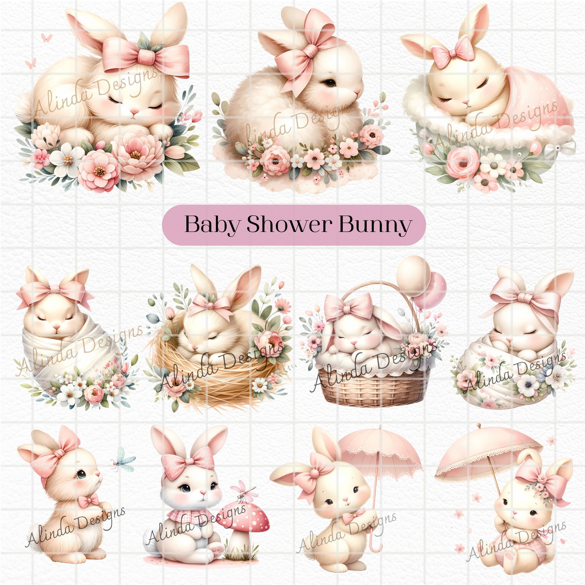 Adorable Rabbit Baby Shower Clipart Set, Cute Baby Animal Graphics for ...