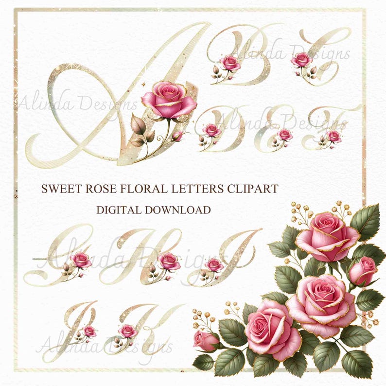 Watercolor Rose Alphabet Clipart: Gold & Pink Floral Letters (PNG) - Etsy