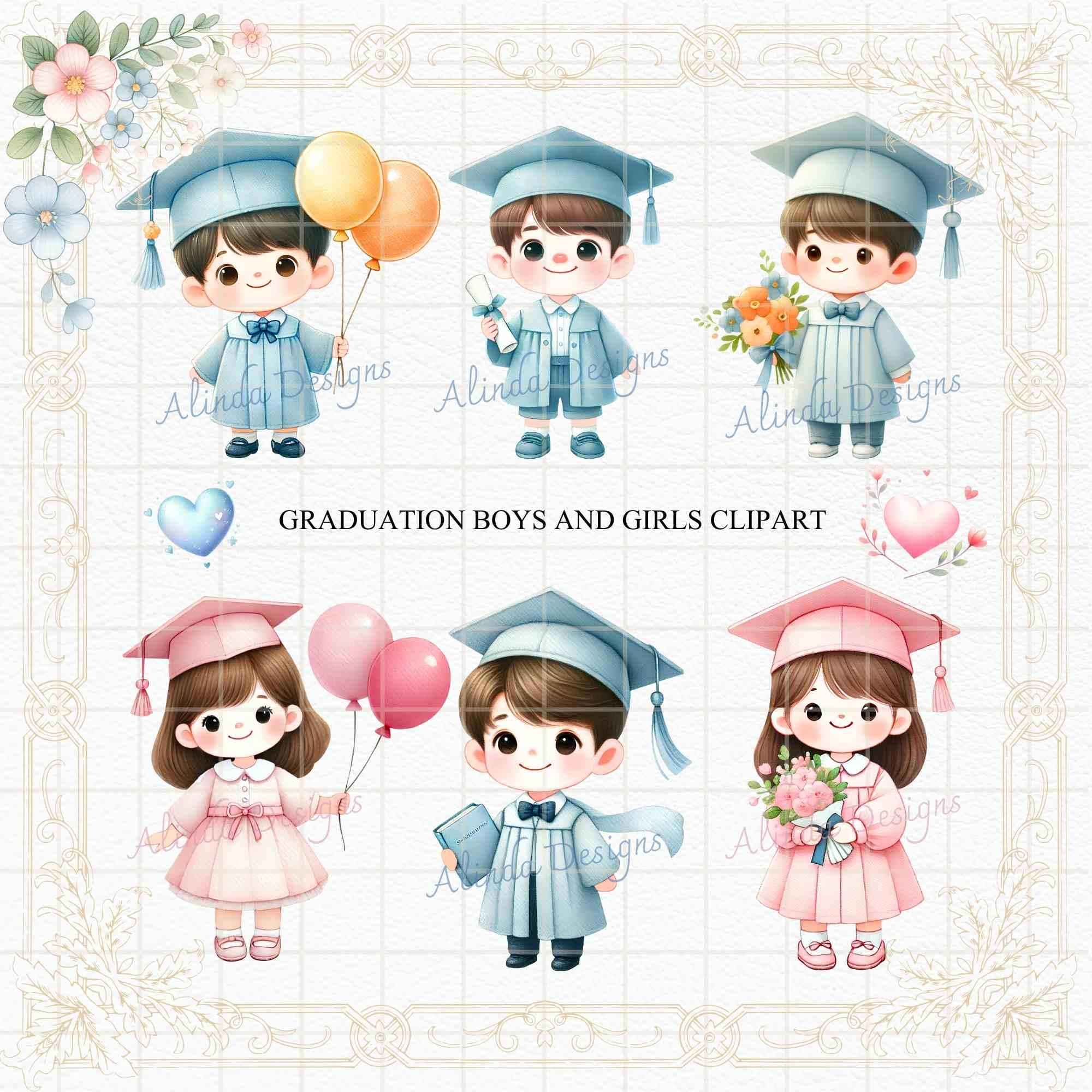 Graduation Clipart Set for Boys and Girls, Cute Graduation Pngs With ...