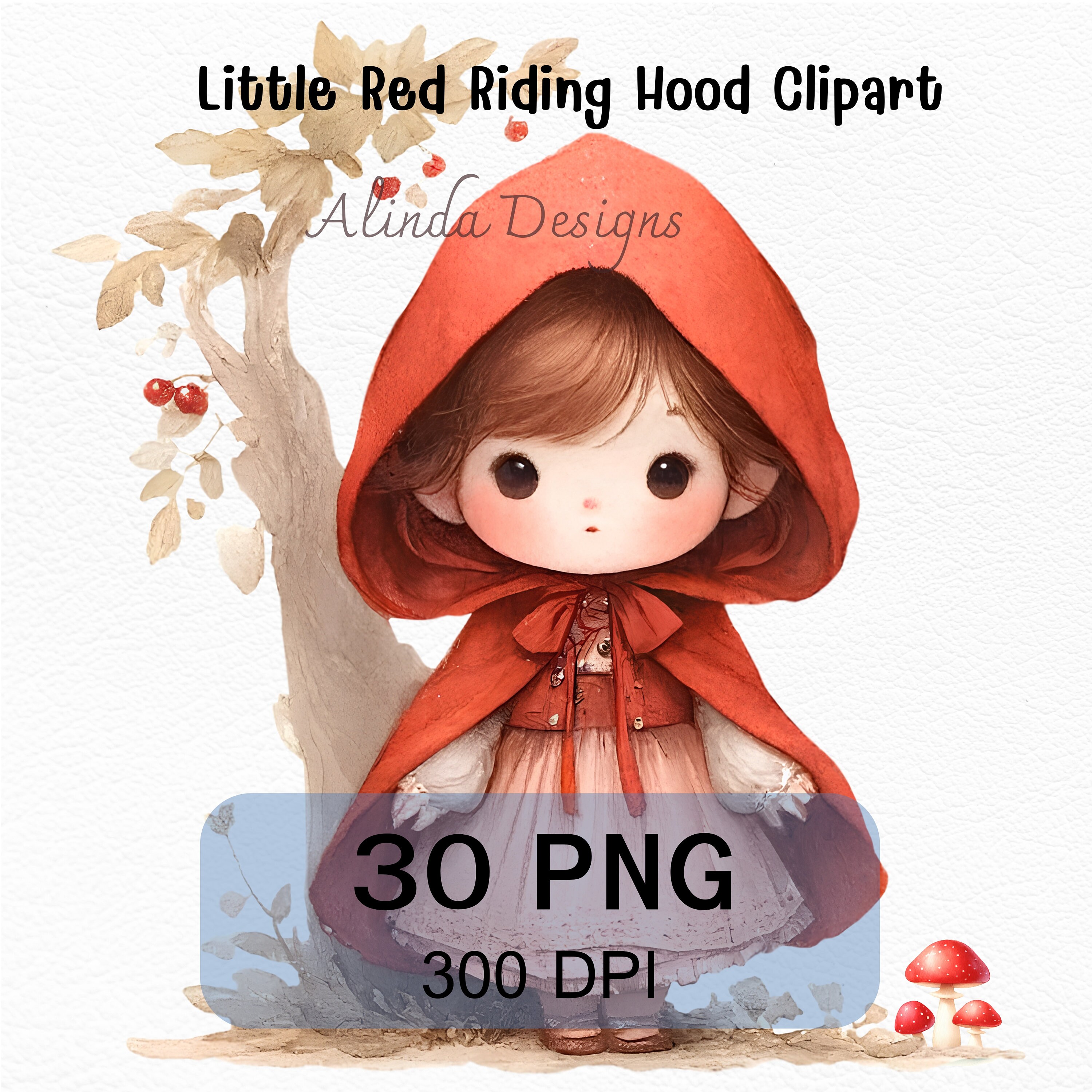 Watercolor Little Red Riding Hood Clipart: Fairy Tale PNG (digital ...