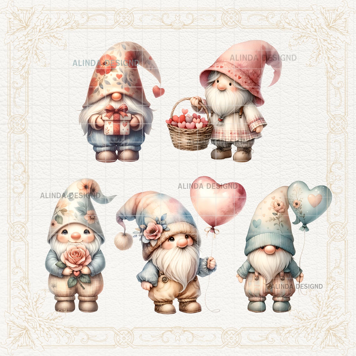 Valentines Gnomes Clipart, Watercolor Valentines Clipart, Bundle, Love ...