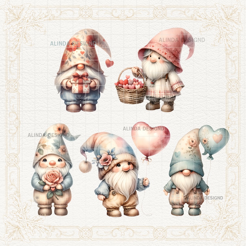 Valentines Gnomes Clipart, Watercolor Valentines Clipart, Bundle, Love ...