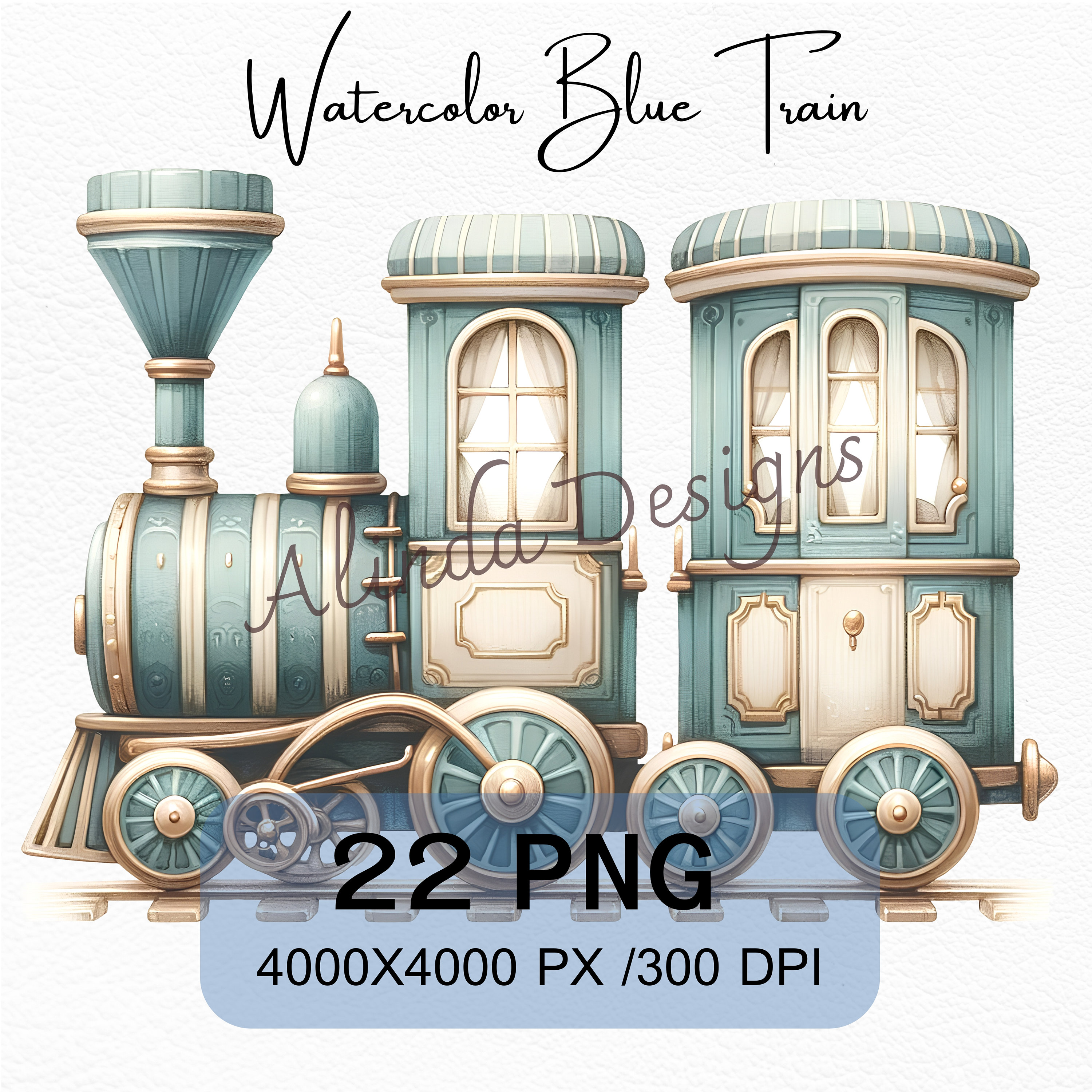 Watercolor Blue Train Clipart: Vintage Locomotive PNG (digital Download ...