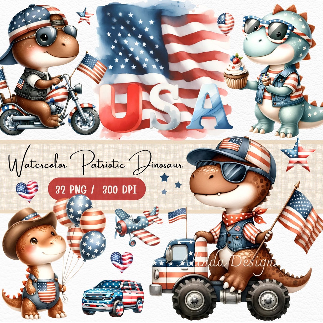 Watercolor Patriotic Dinosaur Clipart: 4th of July USA Dino Art ...