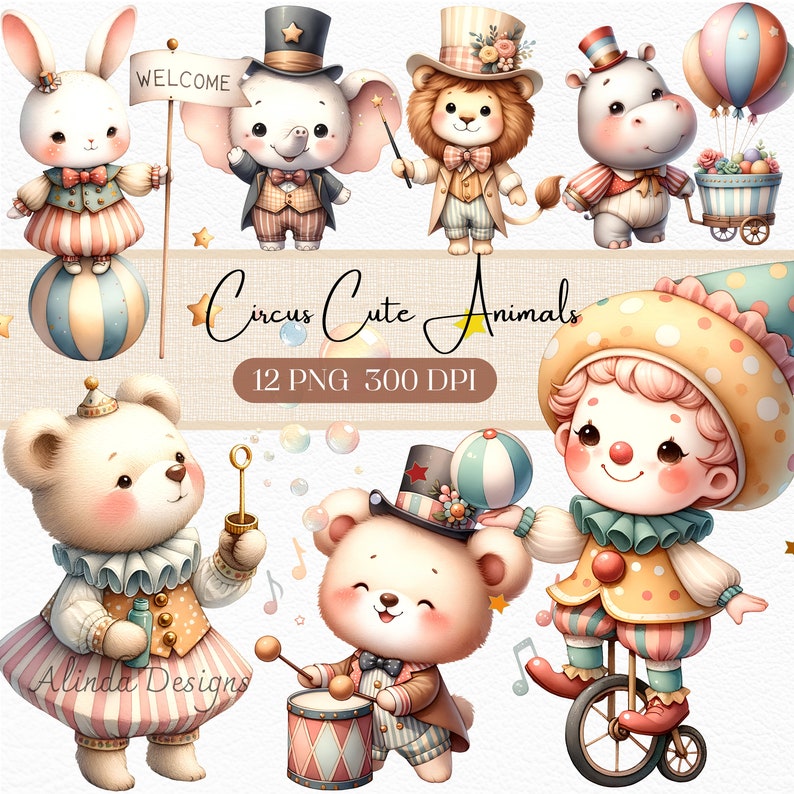 Adorable Circus Animals Clipart, Cute PNG Files for Invitations ...