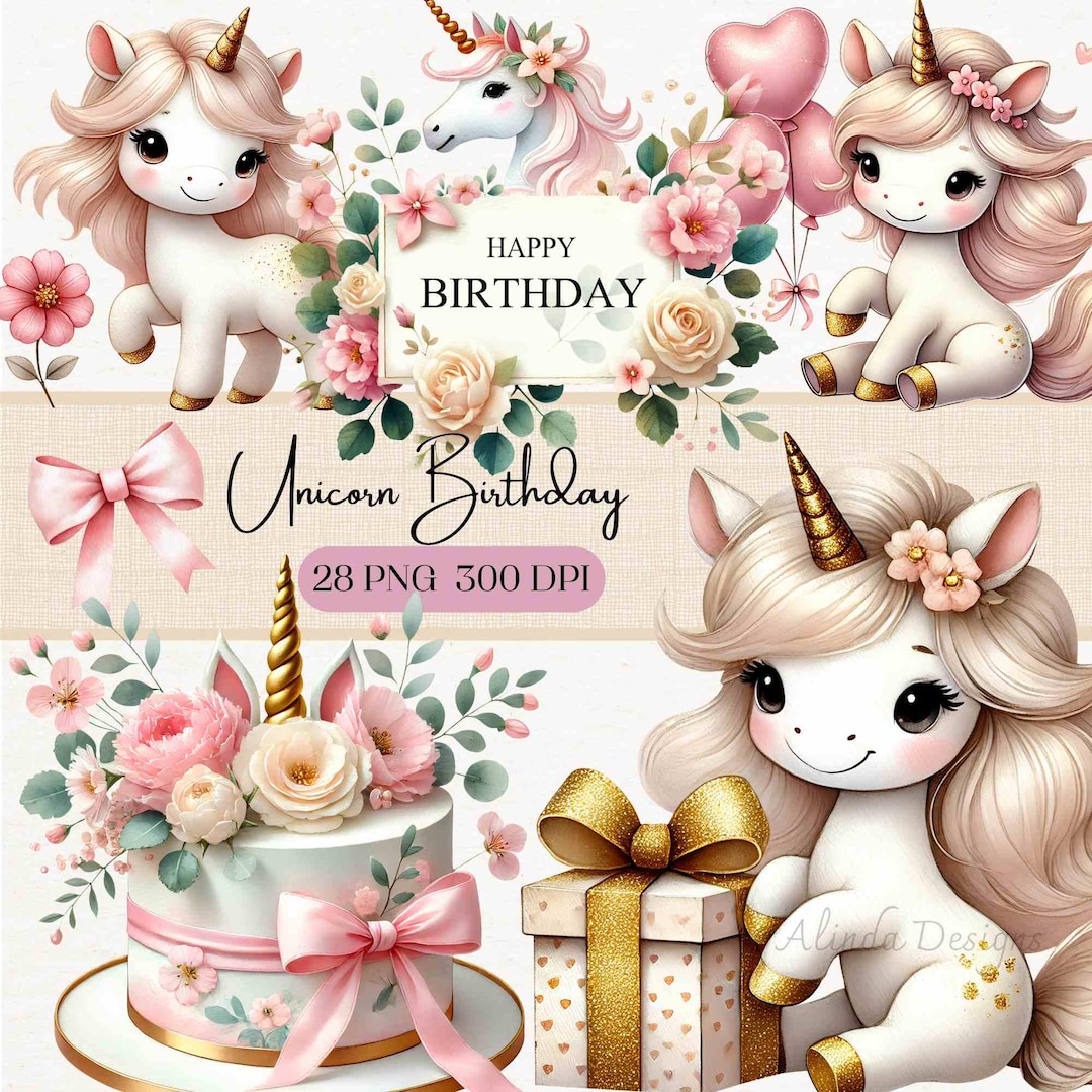 Unicorn Birthday Clipart: Pastel Party Designs (PNG Digital Download ...