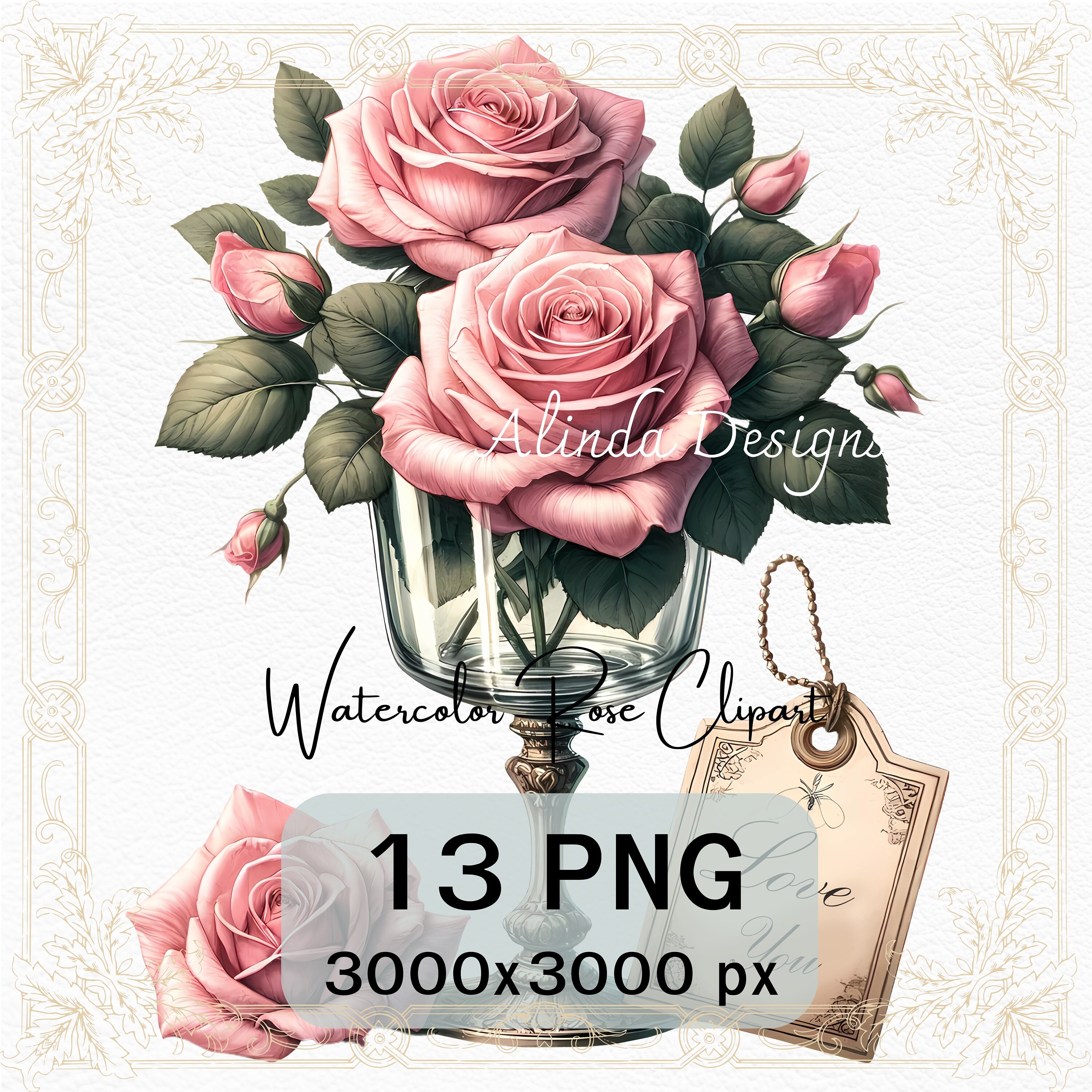 Watercolor Rose Clipart: Romantic Wedding PNG (3000x3000 Px) - Etsy