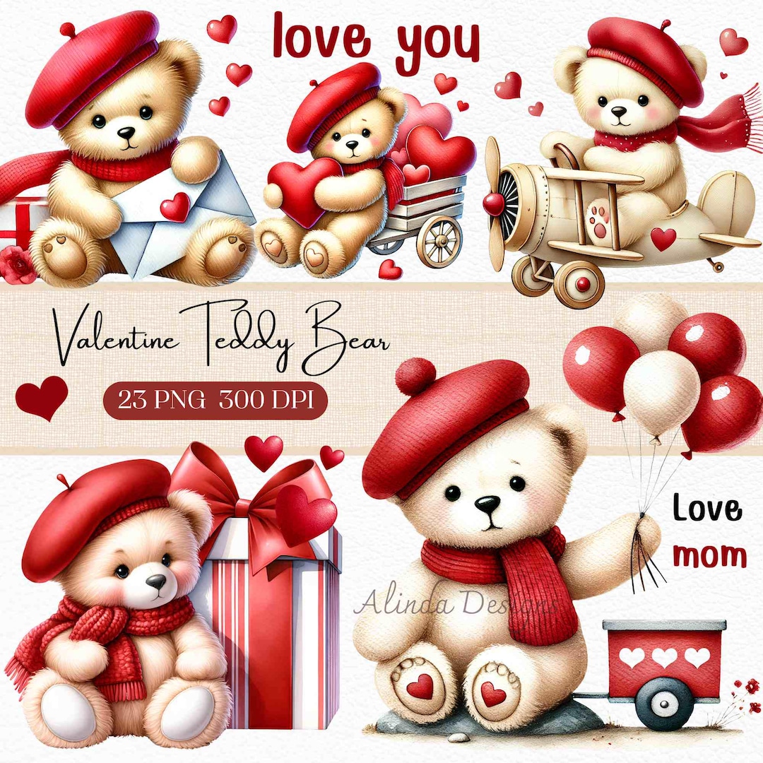 Valentine Teddy Bear Clipart, Romantic Bear Illustrations, Cards ...
