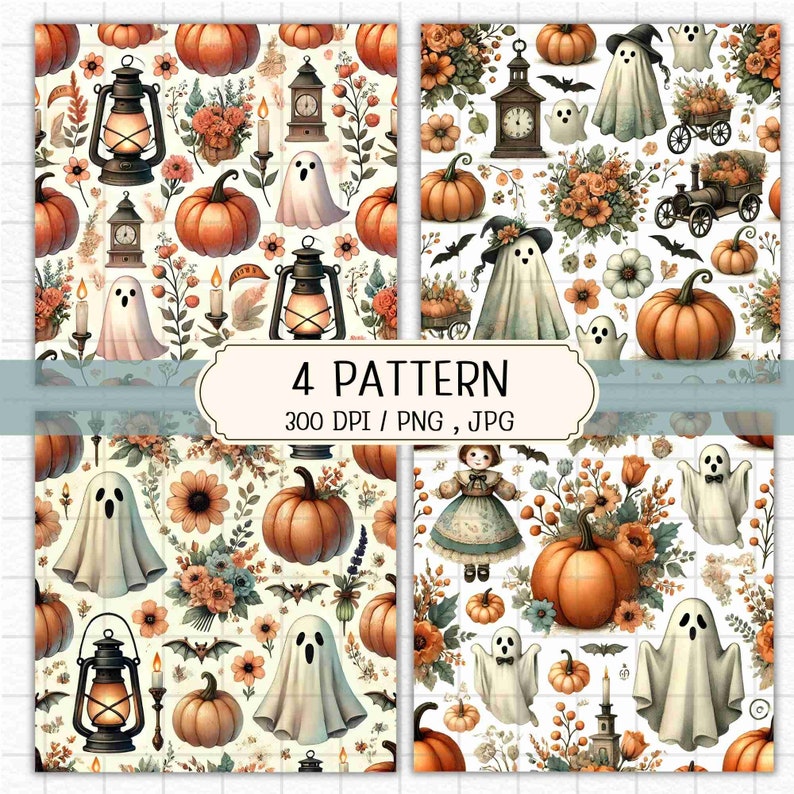 Watercolor Cute Ghost Pumpkin Clipart, Vintage Halloween Digital ...