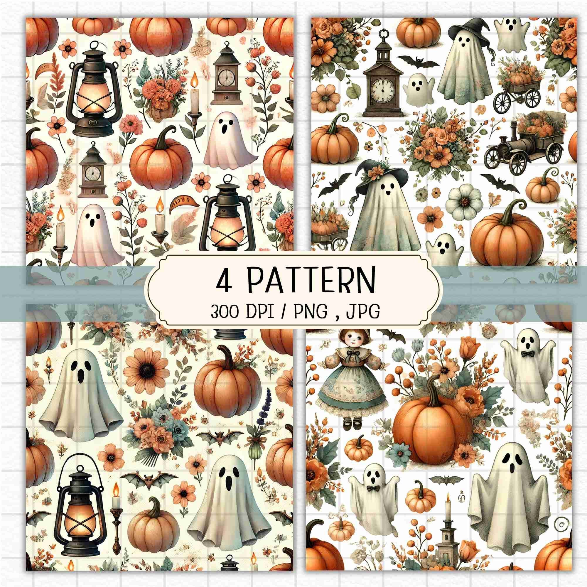 Watercolor Cute Ghost Pumpkin Clipart, Vintage Halloween Digital ...