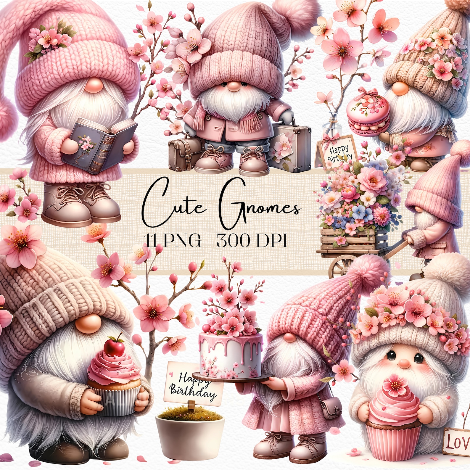 Spring Gnome Clipart, 11 PNG Watercolor Gnome Cherry Blossom, Cute ...