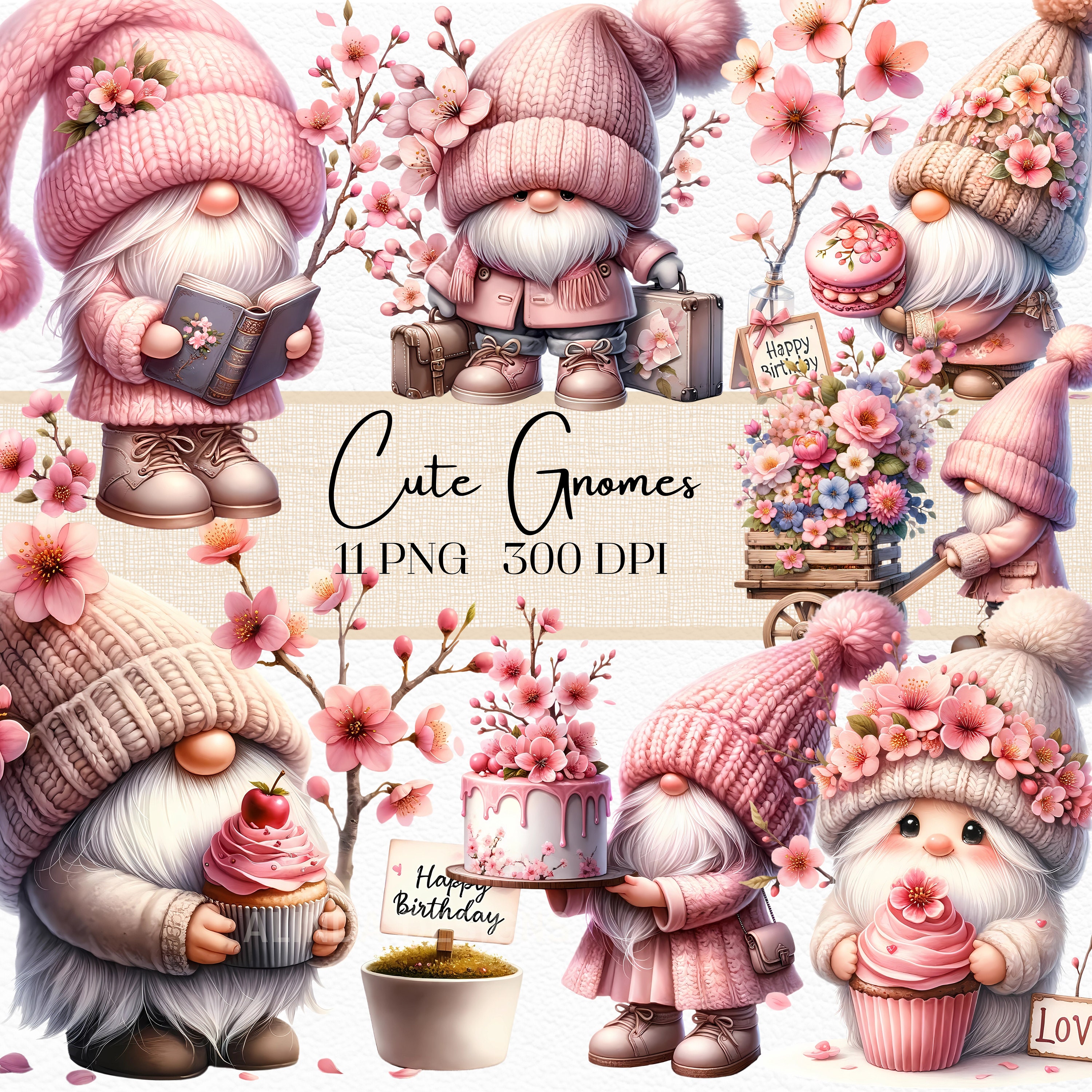 Spring Gnome Clipart, 11 PNG Watercolor Gnome Cherry Blossom, Cute ...