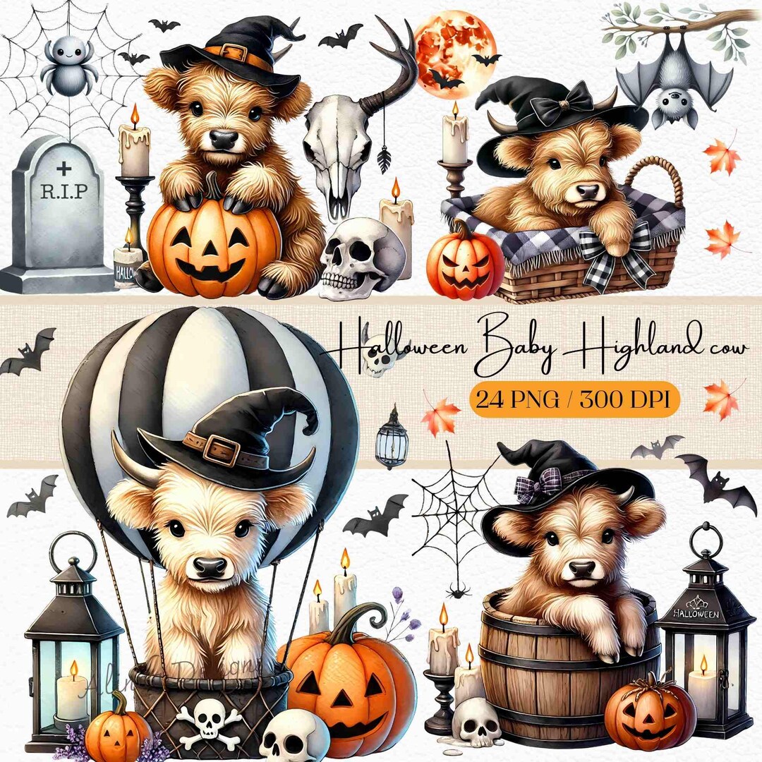 Halloween Baby Highland Cow Clipart, Spooky Fall Animal Art (digital ...