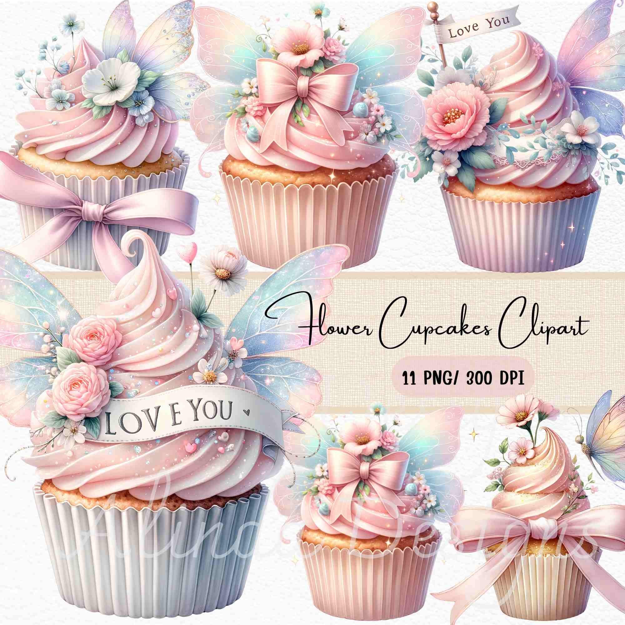 Sweet Flower Cupcake Clipart, Pastel Floral Cupcake Graphics, Cute ...