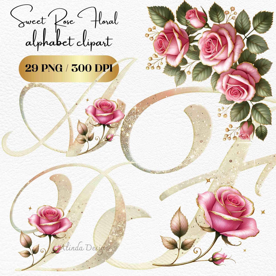 Elegant Rose Alphabet Clipart, Watercolor Floral Letters, Gold & Pink ...