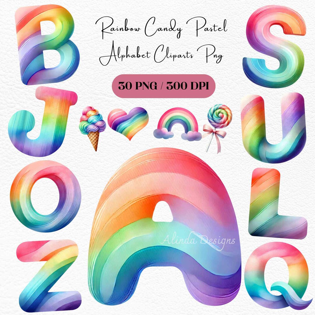 Rainbow Pastel Alphabet Clipart PNG, Fluid Brush Style Letters for Kids ...