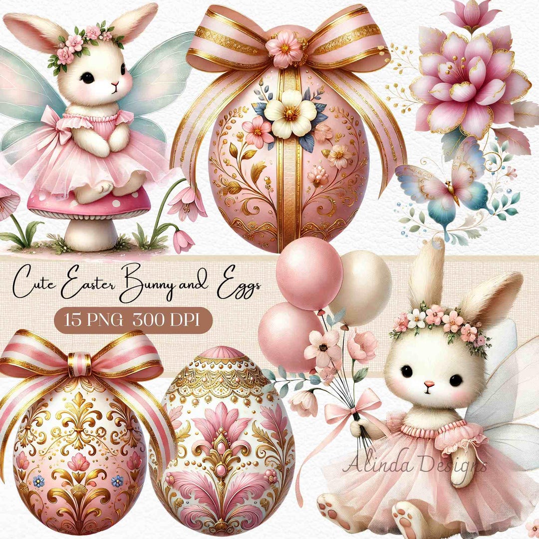 Cute Easter Bunny and Eggs Clipart, Spring Illustrations, Easter Cards ...