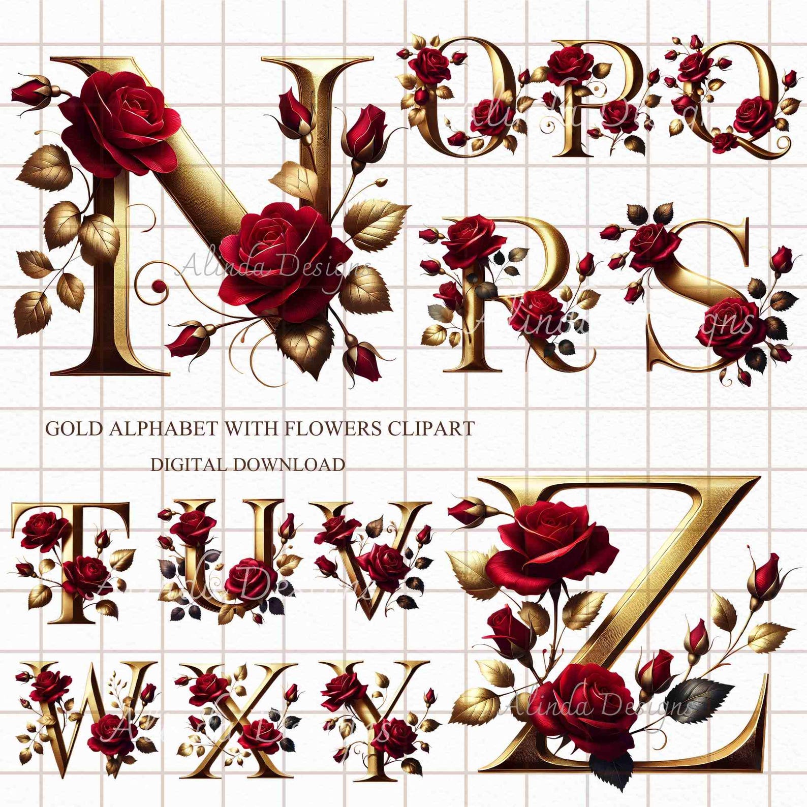 Gold Alphabet Red Roses Clipart: Elegant Wedding Letters (PNG) - Etsy