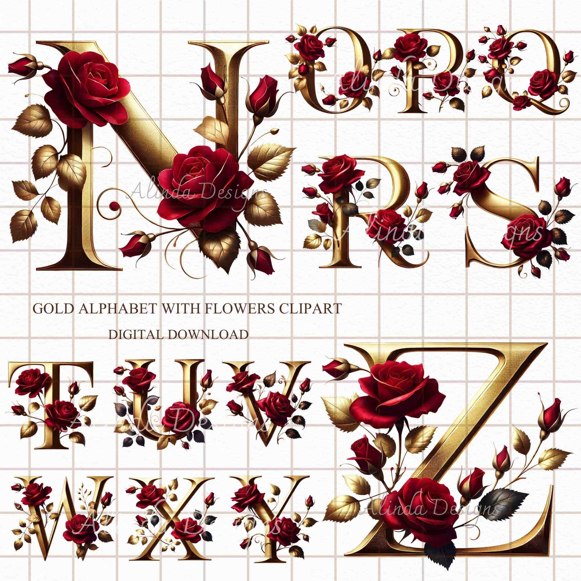 Gold Alphabet With Red Roses Clipart, Elegant Floral Letters, 26 PNG ...