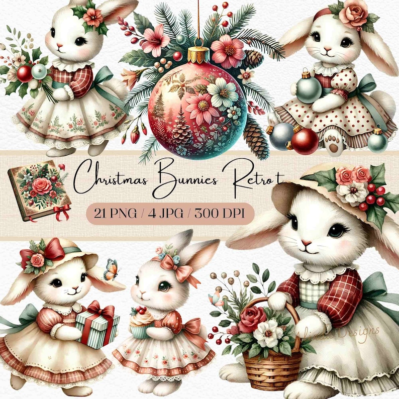 Vintage Christmas Bunnies Clipart: Retro Holiday Illustrations (digital ...