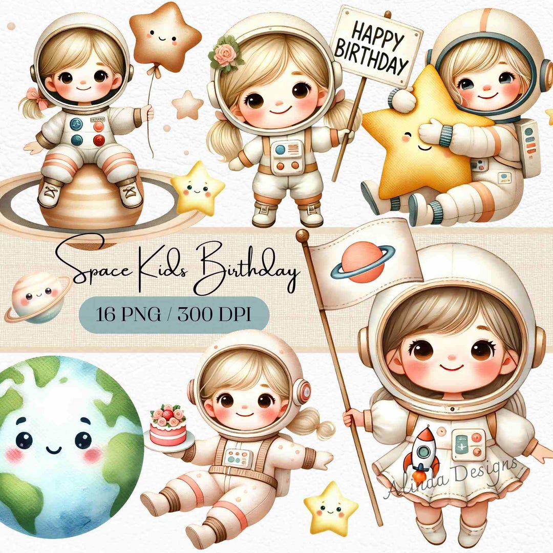 Watercolor Space Kids Girls Birthday Clipart, Space Themed Invitations ...